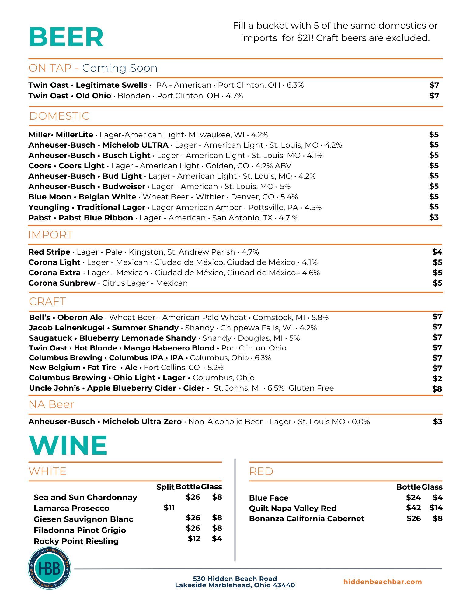Menu | Hidden Beach Bar